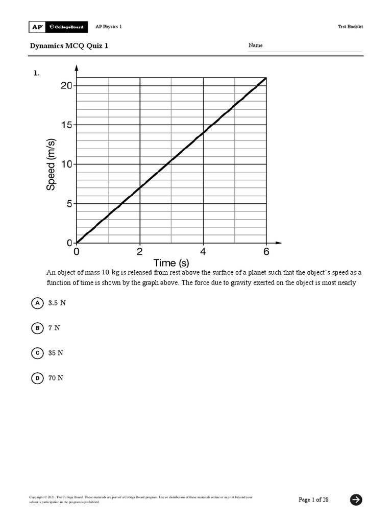 AP Physics 1 02DynamicsMCQ Quiz1 | PDF | Force | Mass