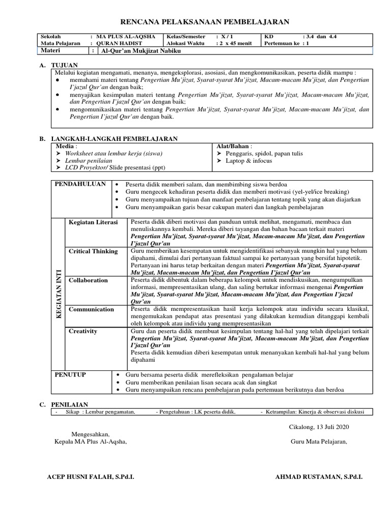 06 RPP 1 Lembar Qurdis Kelas 10 KD 04 | PDF