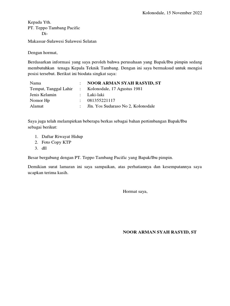 Lamaran Kepala Teknik Tambang Arman Syah | PDF