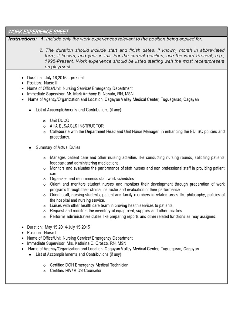 CS Form No. 212 Attachment - Work Experience Sheet... | PDF | Nursing ...