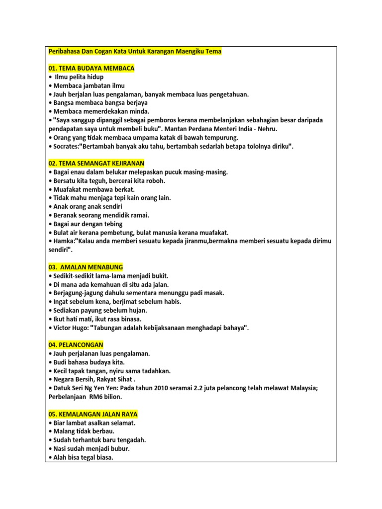 Peribahasa Dan Cogan Kata Untuk Karangan Maengiku Tema | PDF