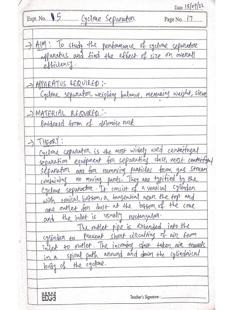 119CH0063 - Cyclone Separator Experiment - Lab Record | PDF