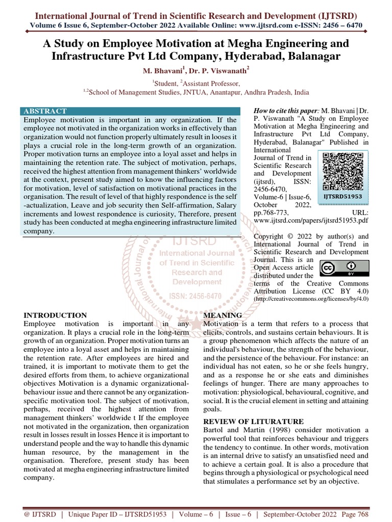 A Study On Employee Motivation at Megha Engineering and Infrastructure PVT LTD Company ...