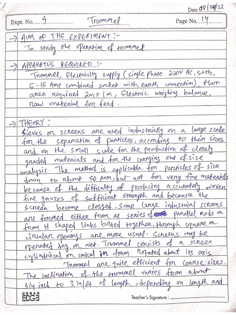 119CH0063 - Trommel Experiment - Lab Record | PDF