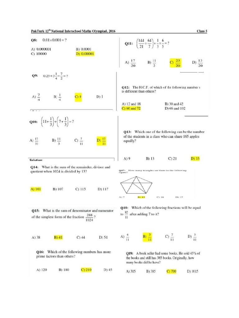 ISMO Grade 5 Maths 2016 Qestion Paper | PDF
