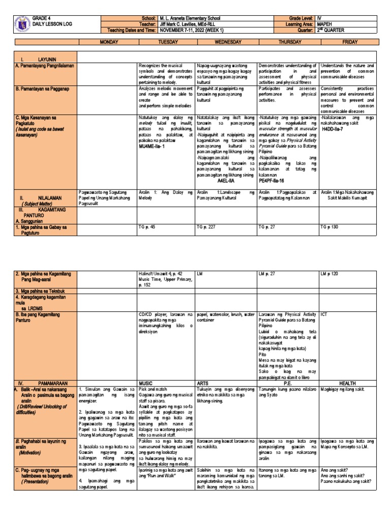 DLL - Mapeh 4 - Q2 - W1 | PDF