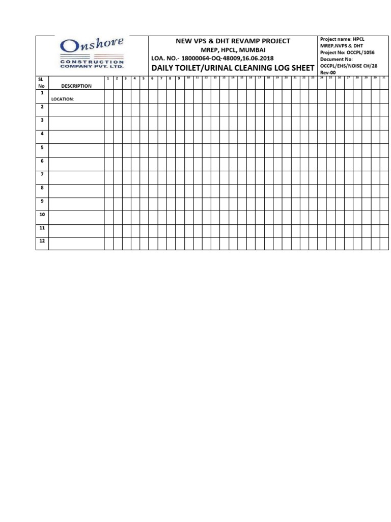 Daily Tiolet Urinal Cleaning Log Sheet | PDF | Technology & Engineering
