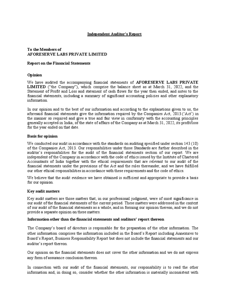 Auditor's Report for Aforeserve Labs 2022 | PDF | Going Concern ...