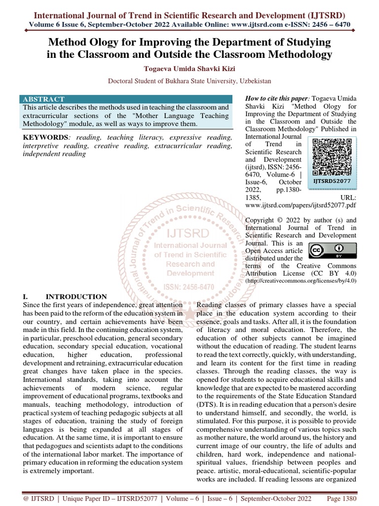 Method Ology For Improving The Department of Studying in The Classroom ...