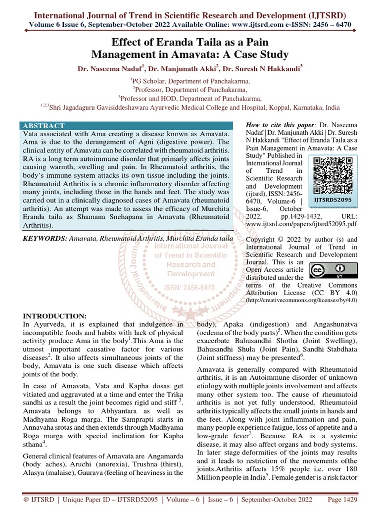Effect of Eranda Taila As A Pain Management in Amavata A Case Study ...