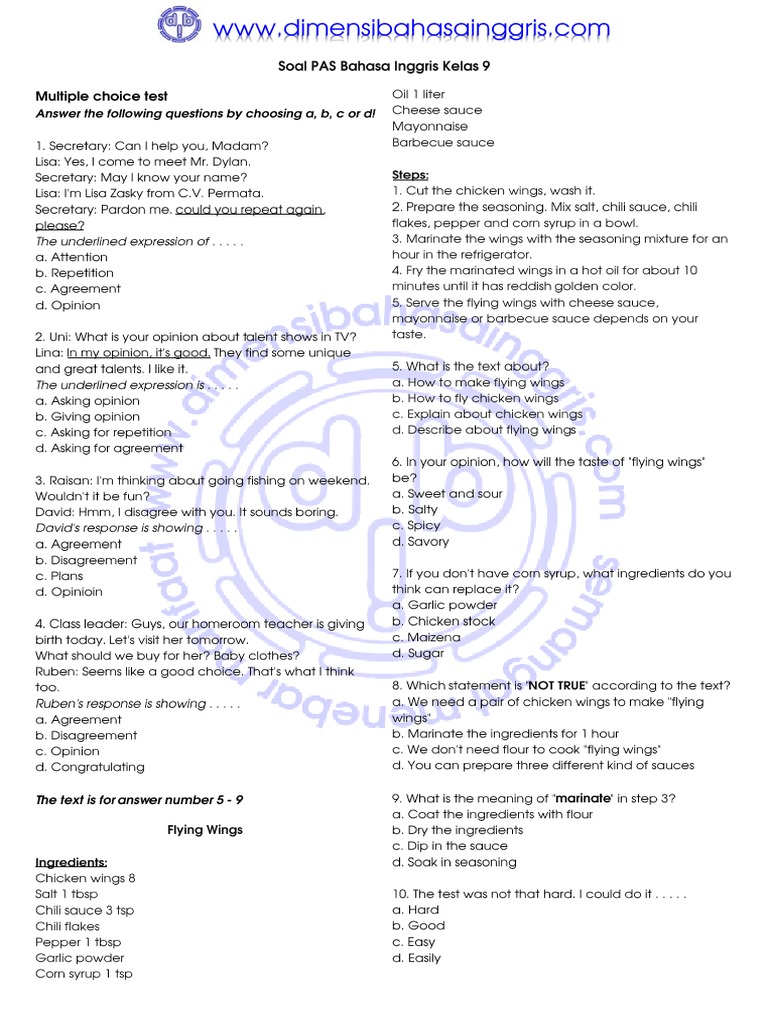 DBI - Soal PAS Bahasa Inggris Kelas 9 | PDF