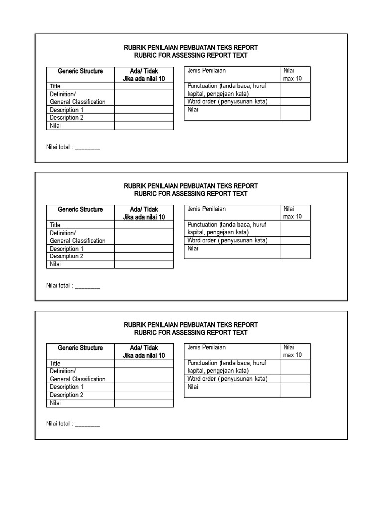RUBRIK PENILAIAN PEMBUATAN TEKS REPORT Kelas 9 | PDF