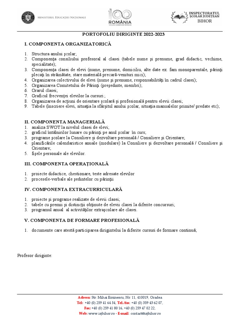 Portofoliul Dirigintelui 2022-2023 | PDF