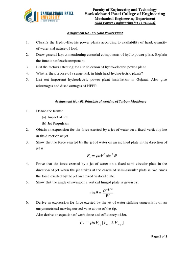 Assignment FPE 01 and 02 | PDF | Force | Hydroelectricity