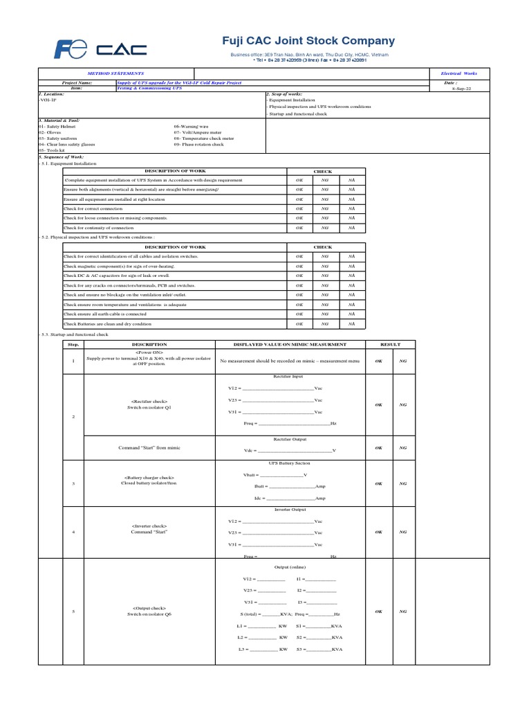 Method of Statement For Testing & Commissioning UPS | PDF | Power ...