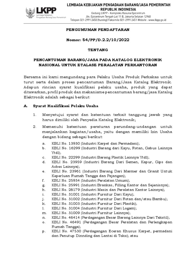 Pengumuman Pendaftaran - Peralatan Perkantoran 06102022 | PDF