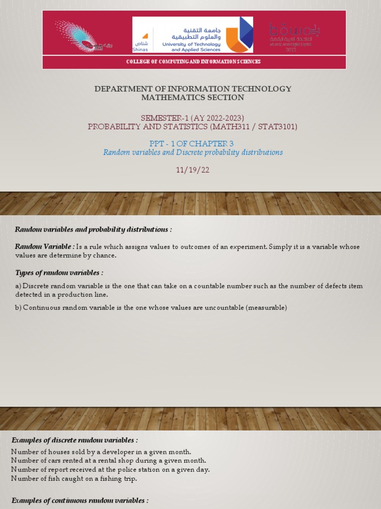 PPT- 1 of Chapter 3 Random Variables and Discrete Probability Distributions | PDF | Probability ...