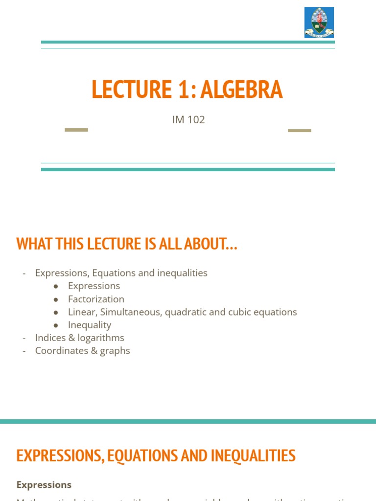 IM 102 Algebra - LECTURE 1 | PDF | Equations | Quadratic Equation