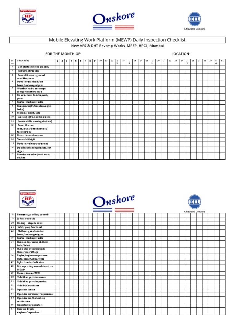 MEWP Daily Checklist | PDF