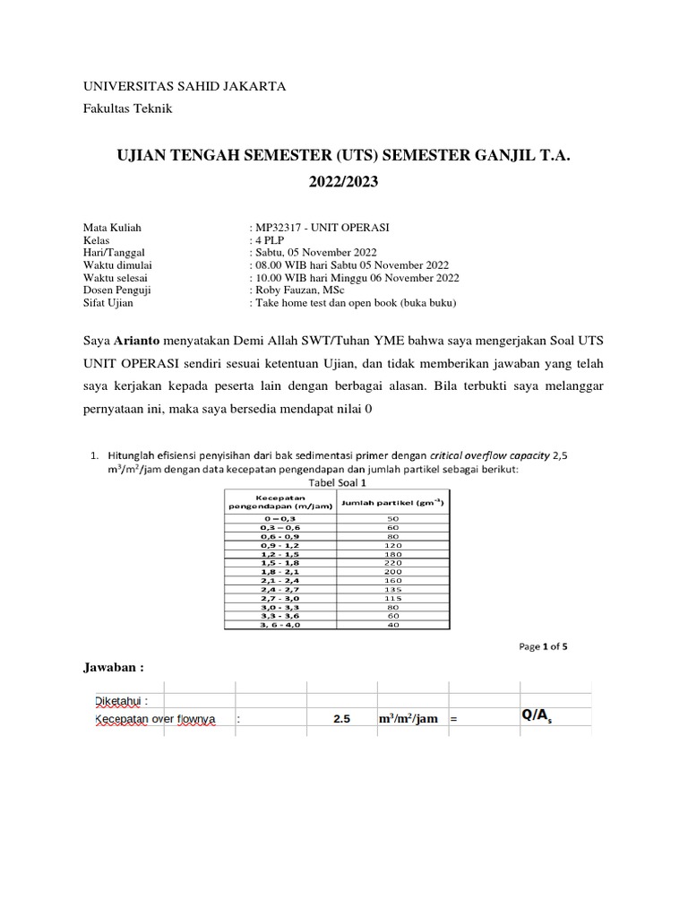 UTS Unit Operasi Arianto 2022339021 | PDF