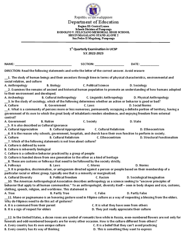 UCSP - 1st Quarterly Exam | PDF | Anthropology | Power (Social And Political)