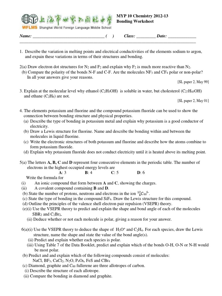 Grade 10 Chemical Bonding Worksheet | PDF | Chemical Bond | Chemical ...