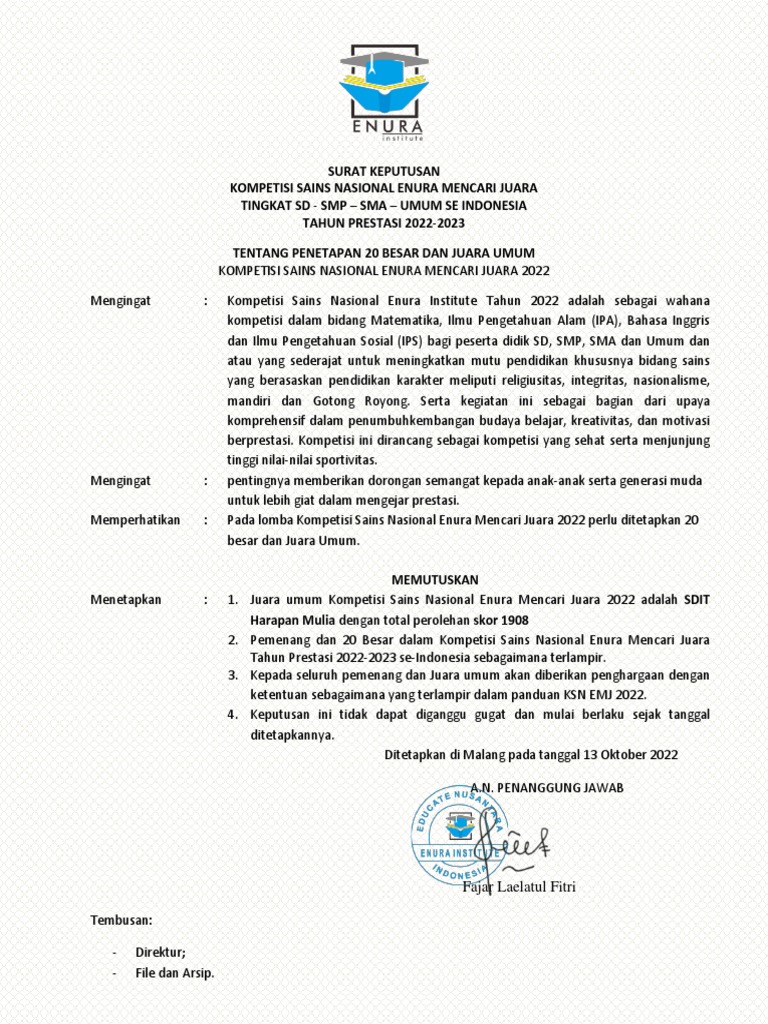 Surat Keputusan Pemenang KSN Emj 2022 | PDF