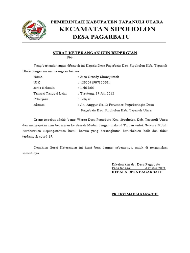 Surat Izin Bepergian Tapanuli Utara | PDF