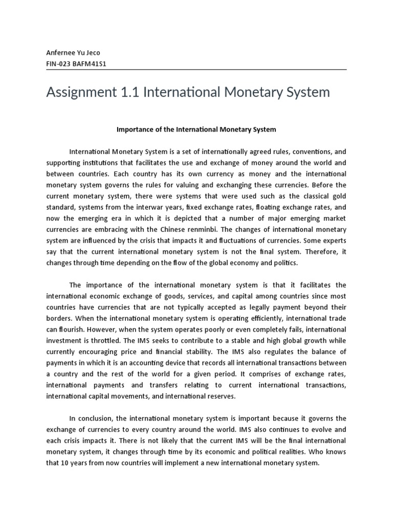 Assignment 1.1 International Monetary System | PDF | Money | Currency