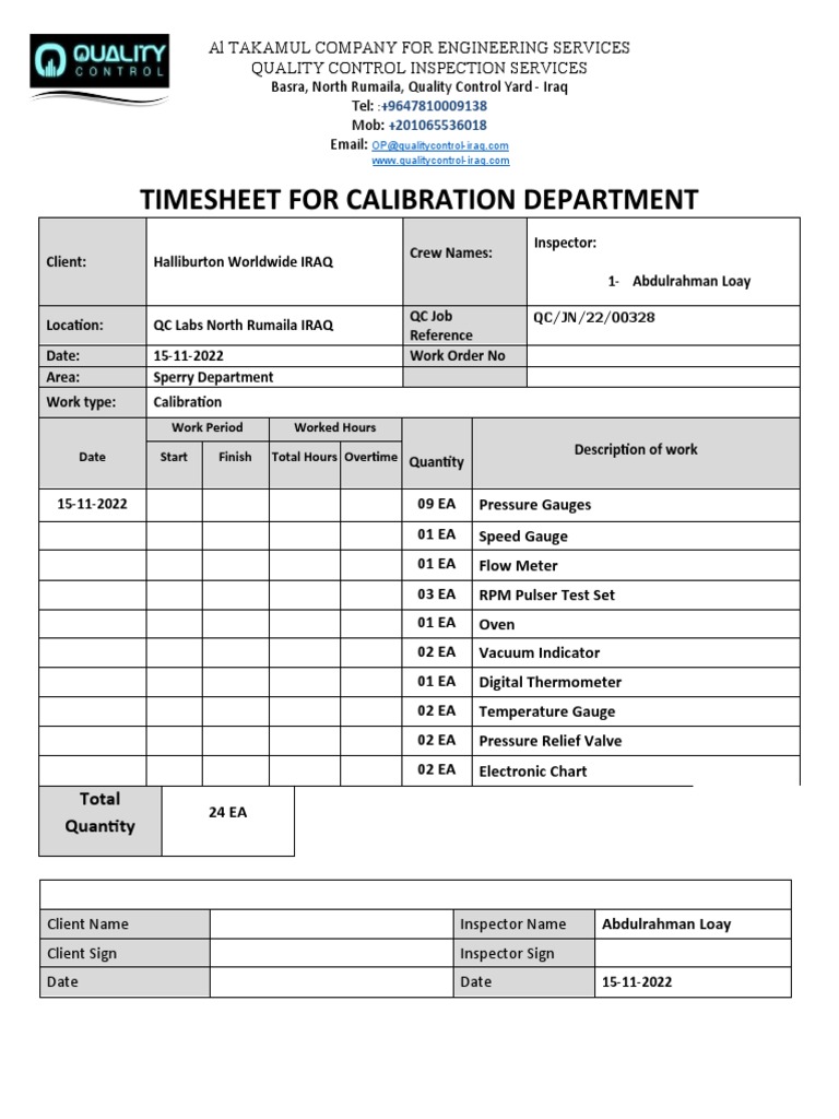 328-Halliburton (Pulsar Lab) - Timesheet | PDF | Calibration | Equipment