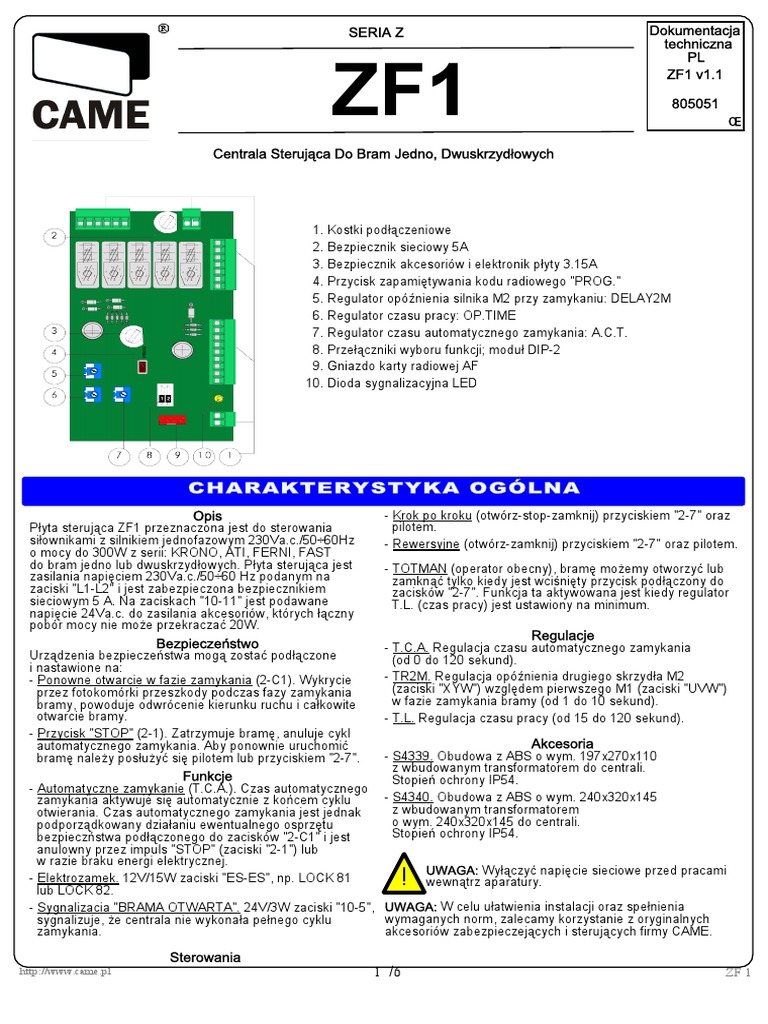 Instrukcja_centrali_sterujcej_CAME_ZF1 | PDF