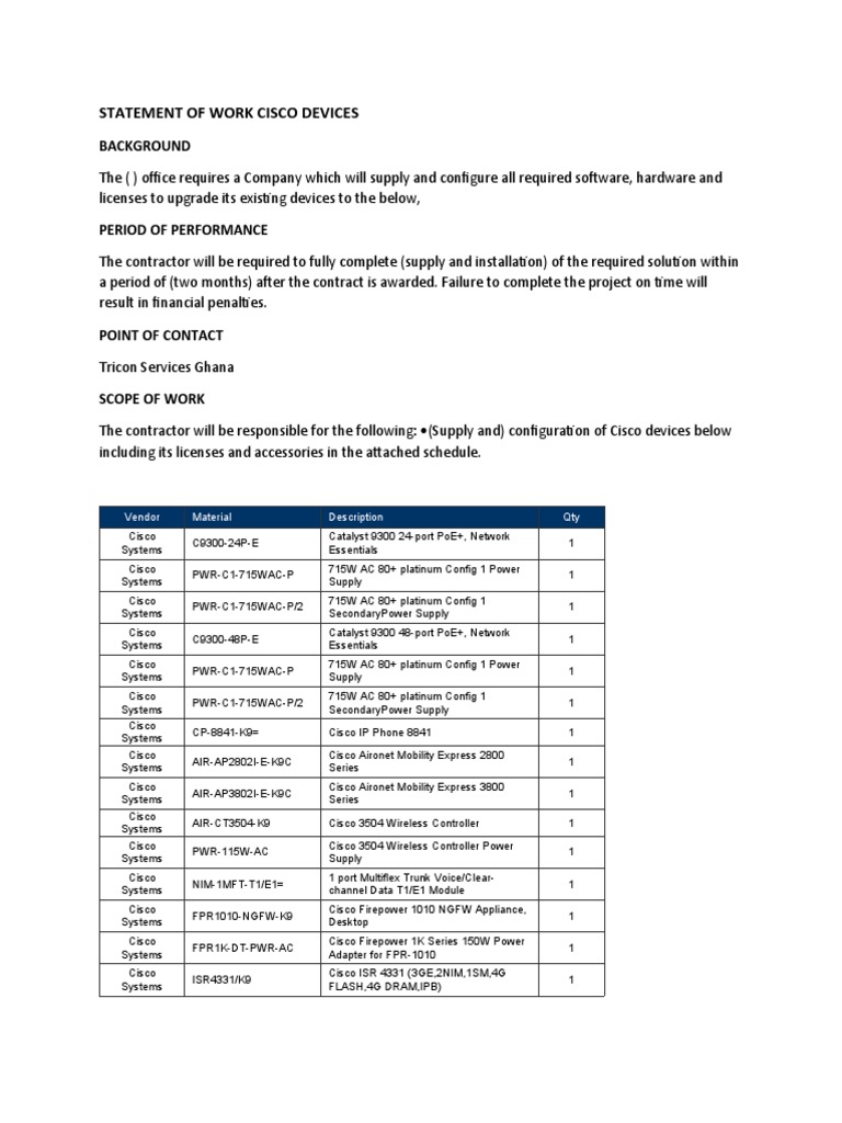 Statement of Work Cisco Devices | PDF | Electronics | Information And ...