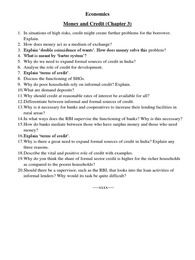 Money and Credit - Worksheet | PDF