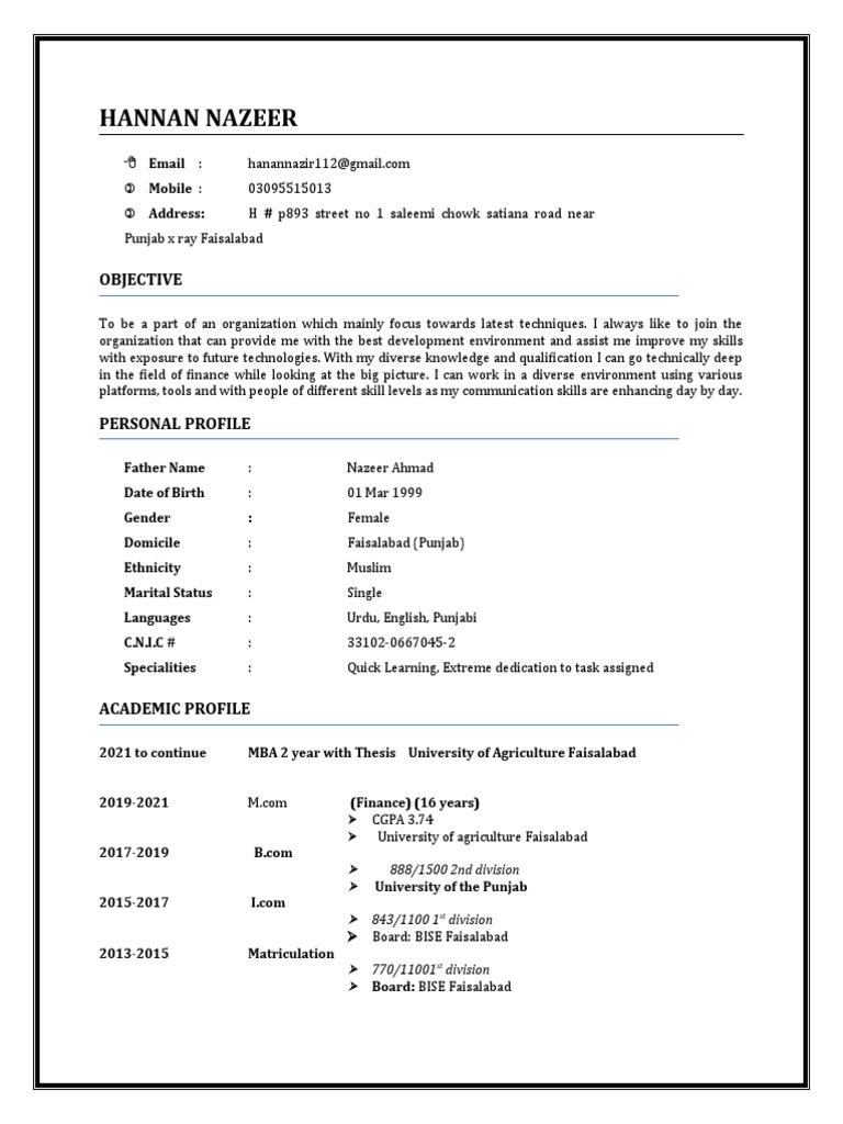 Hanan CV | PDF | Punjab | Cognition