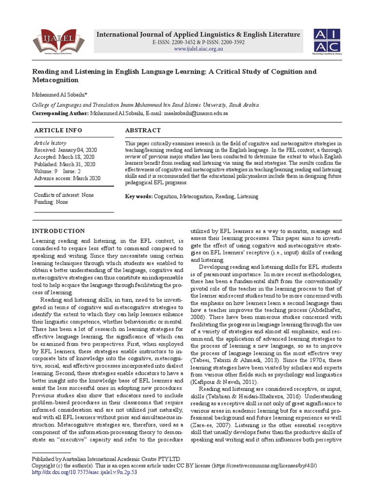 Reading and Listening in English Language Learning | PDF | Metacognition | English As A Second ...