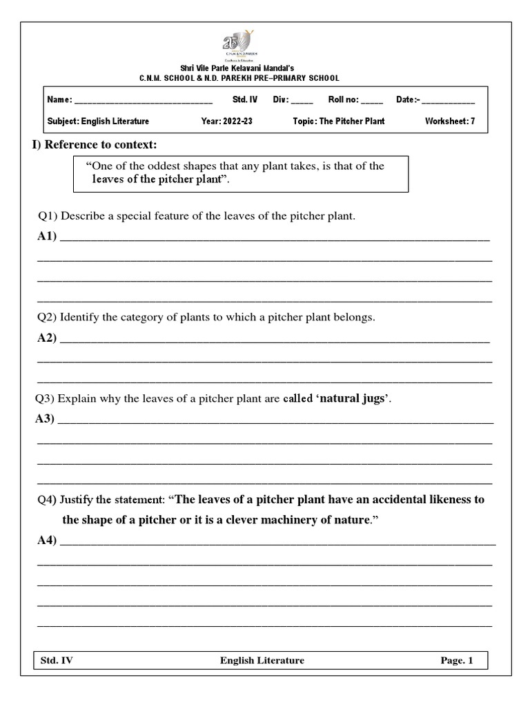 The Pitcher Plant: Class 4 Worksheet | PDF | Plants