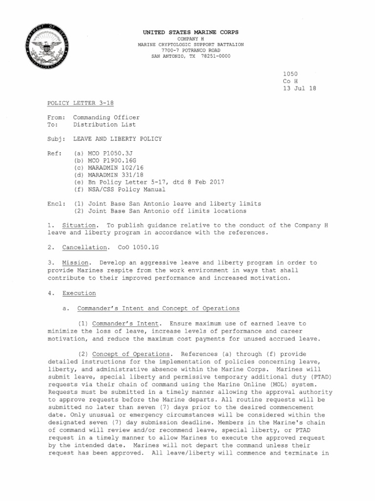 Policy Letter 3-18 Leave and Liberty | PDF