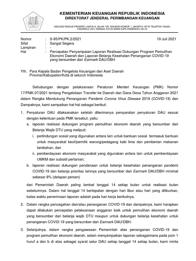 Percepatan Penyampaian Laporan Earmark DAU DAU Dan Laporan Pemulihan ...