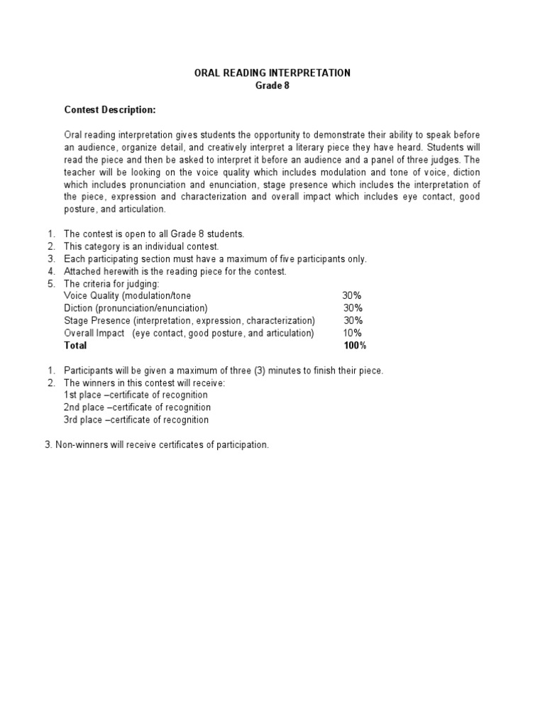 Grade 8 Oral Reading Contest Guide | PDF | Human Communication
