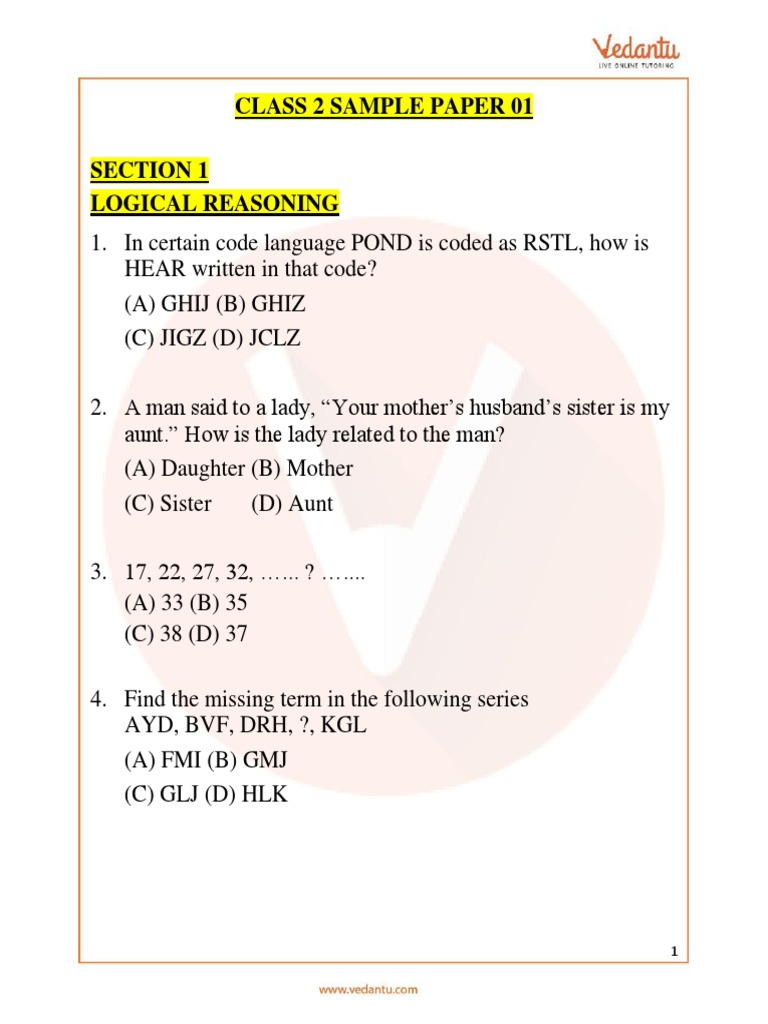 Class 2 Logical Reasoning Sample Paper | PDF | Teaching Methods & Materials