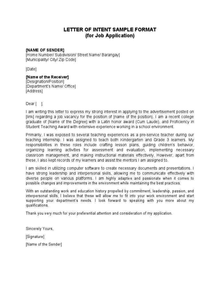 Letter of Intent Sample Format Editable (Ace Job Application 2022 | PDF ...