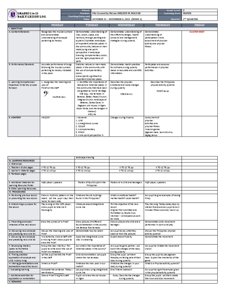 DLL - Mapeh 5 - Q2 - W1 | PDF | Learning | Teachers