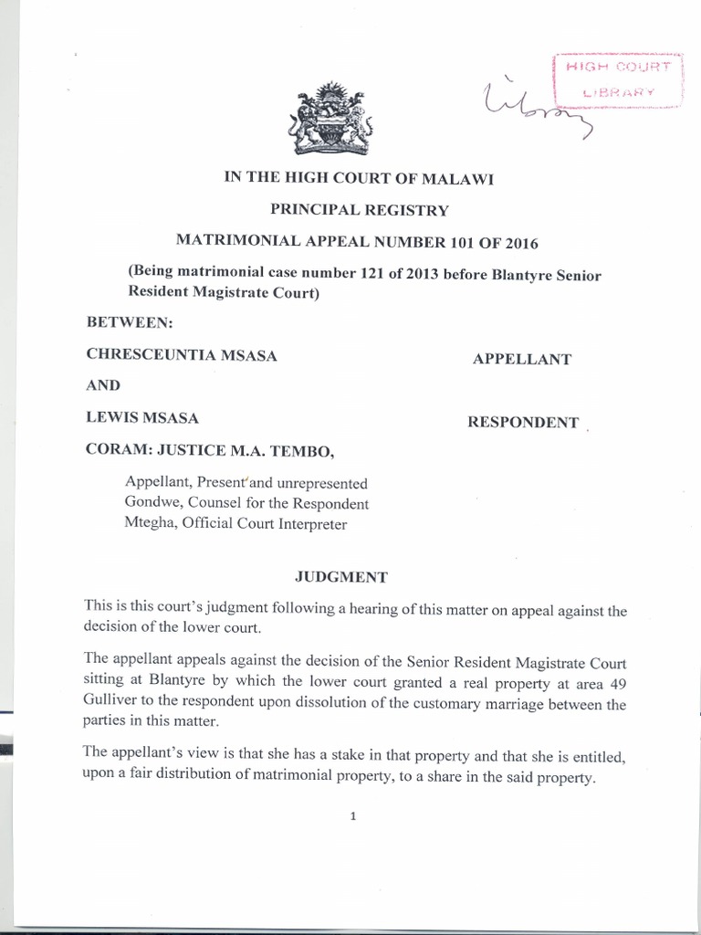 Chresceuntia Msasa - Vs - Lewis Msasa Matrimonial Appeal Case No. 101 ...
