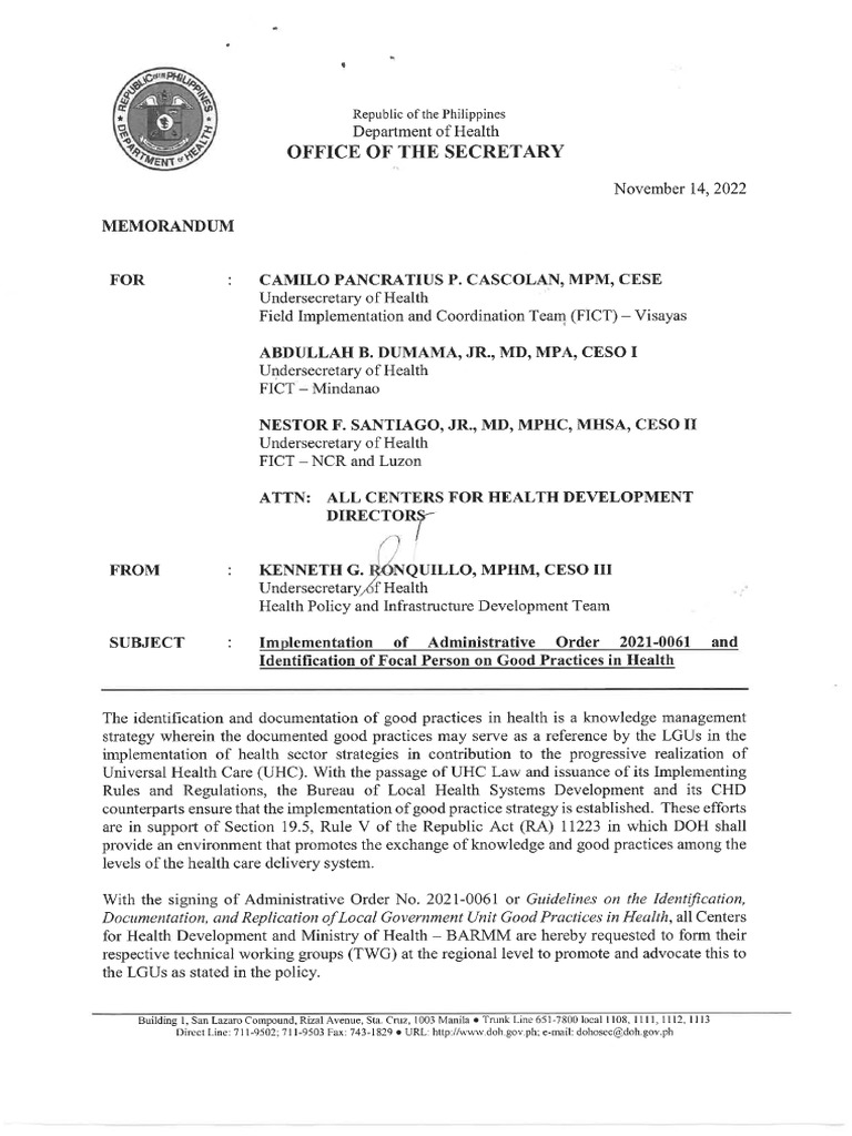 Memo On Implementation of AO 2021-0061 and Identification of Focal ...