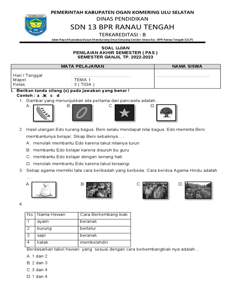Soal Pas Kelas 3 Tema 1 | PDF