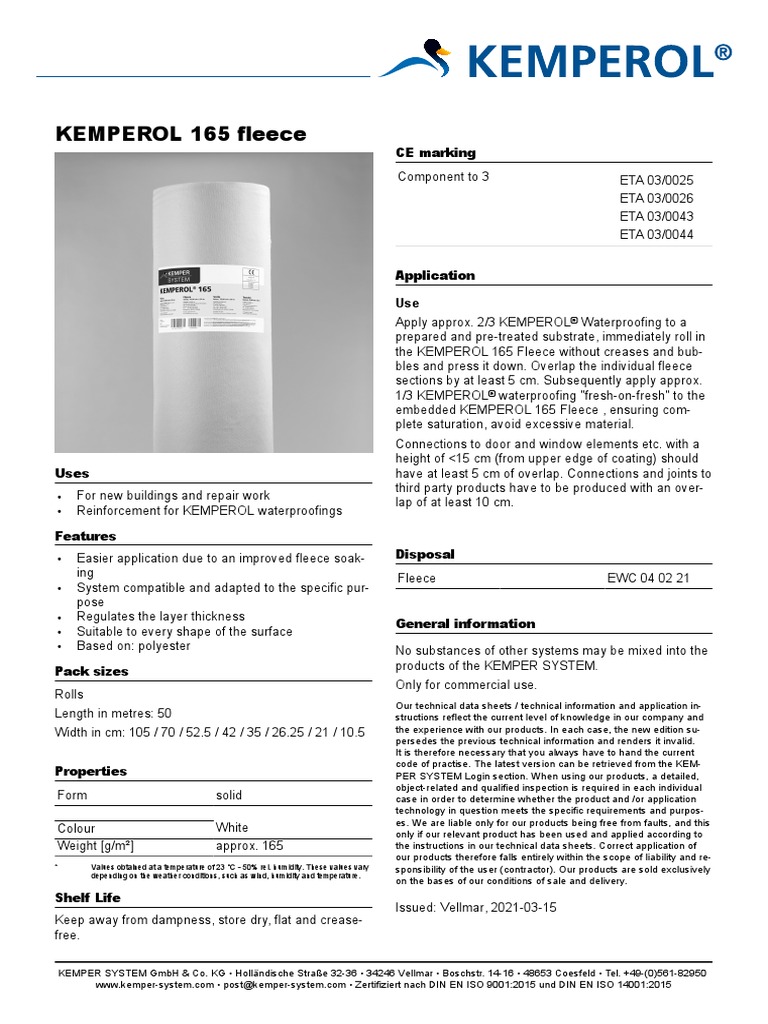KEMPEROL 165 Fleece en Technical Data Sheet | PDF | Materials ...