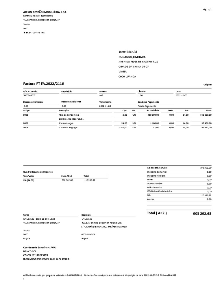Factura FT FA.2022/2116: Ax Xin Gestão Imobiliária, Lda | PDF