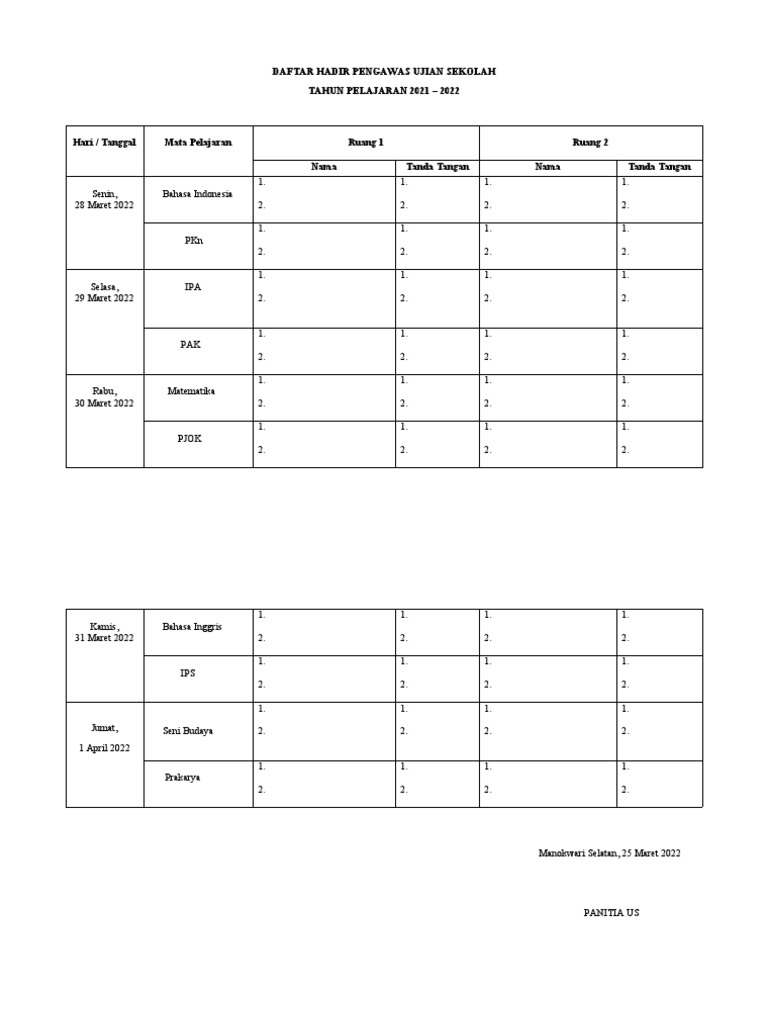 Daftar Hadir Pengawas Ujian Sekolah | PDF