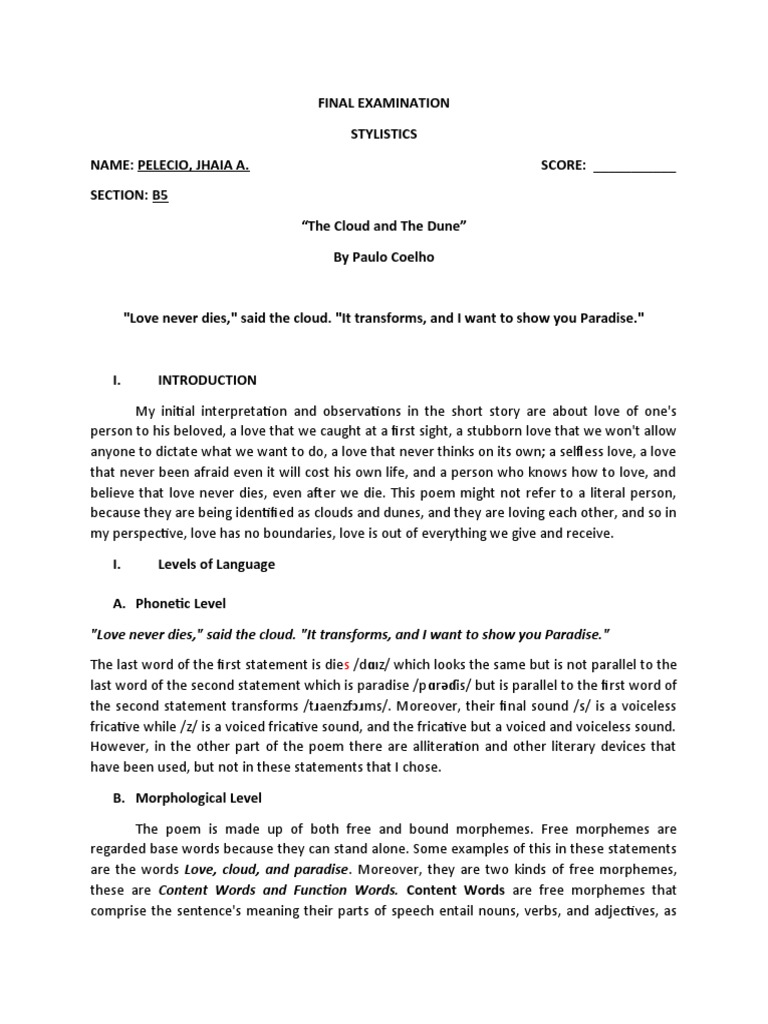 Final Examination - Short Story (Pelecio, Jhaia) | PDF | Word | Linguistics