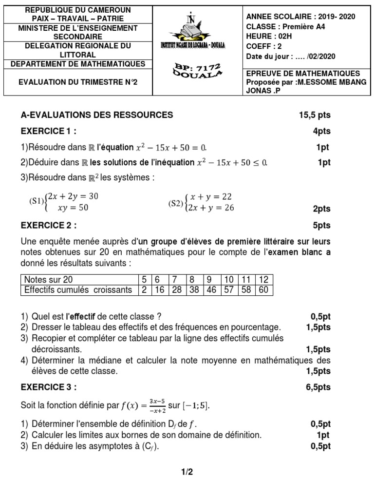 Mathematiques - Classe Première A4 - 2020 Cameroun | PDF